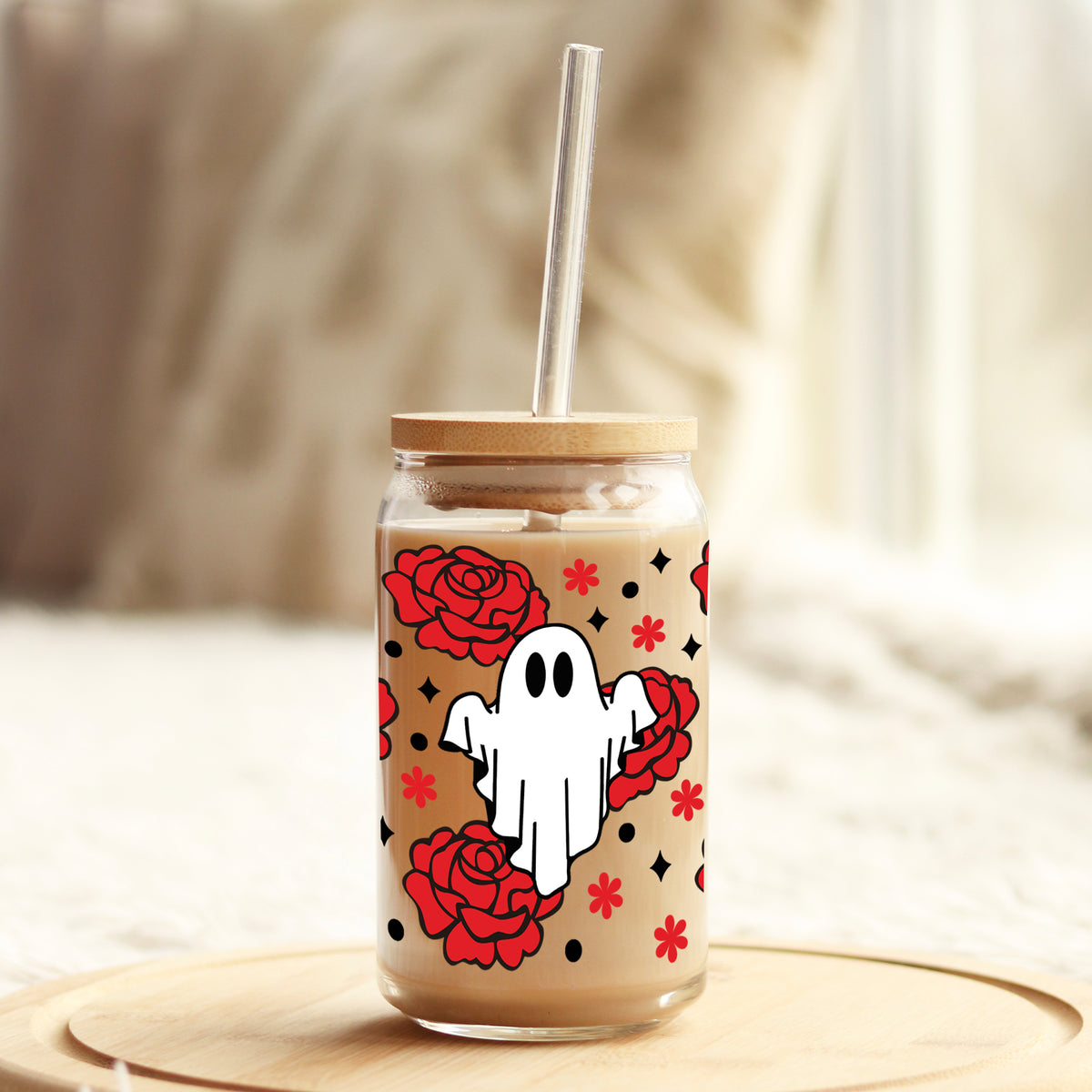 Red Roses Ghost Halloween 16oz Libbey Glass Can UVDTF or Sublimation Wrap - Decal