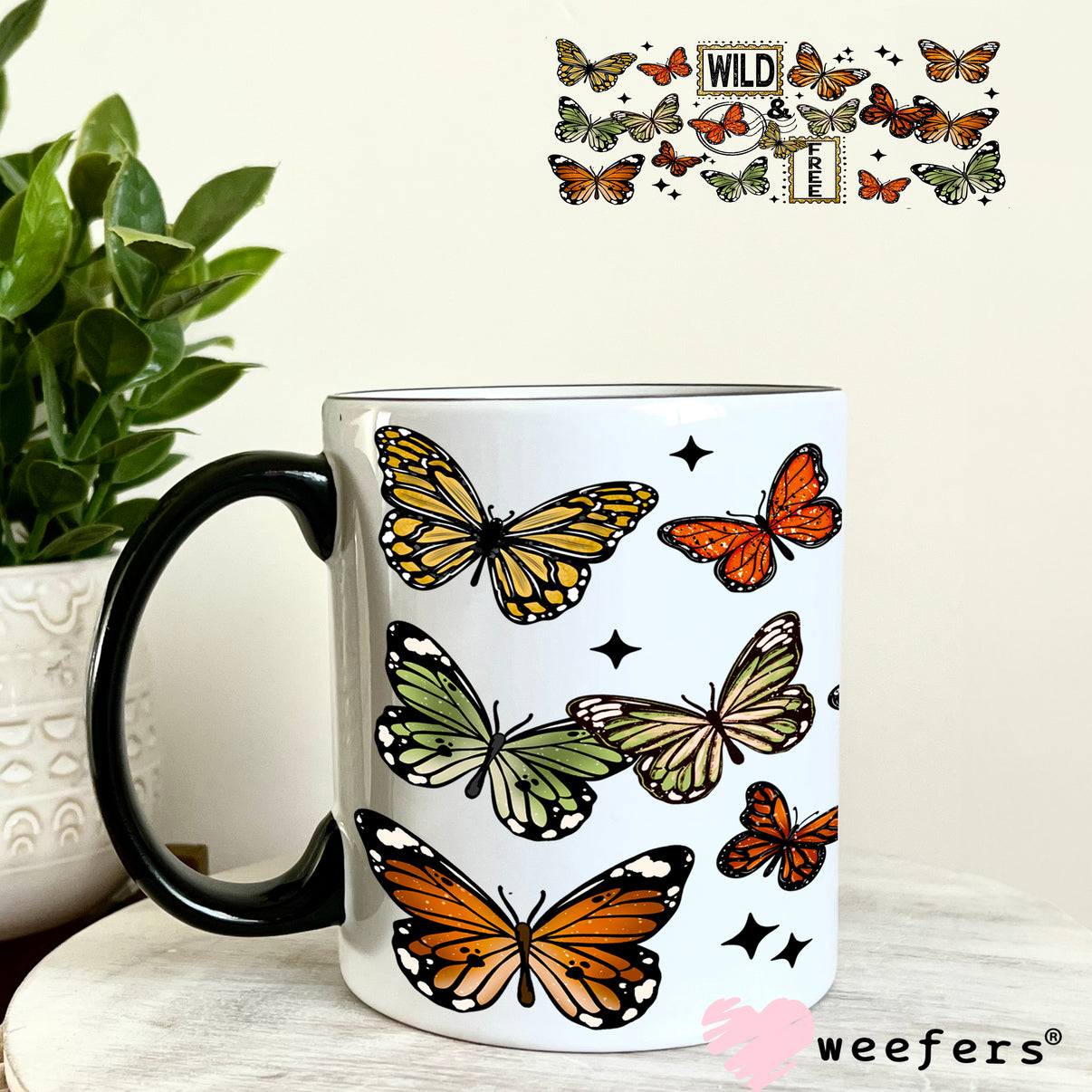 UV DTF Cup Wrap – Wild and Free Butterflies Rust and Green – Weefers