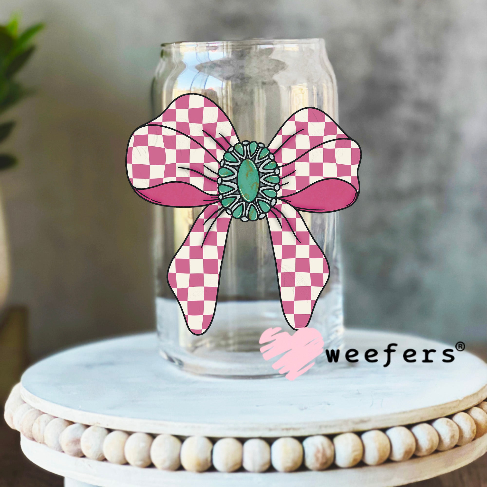 Pink Checkered Bow Turquoise UV DTF Decal – Weefers