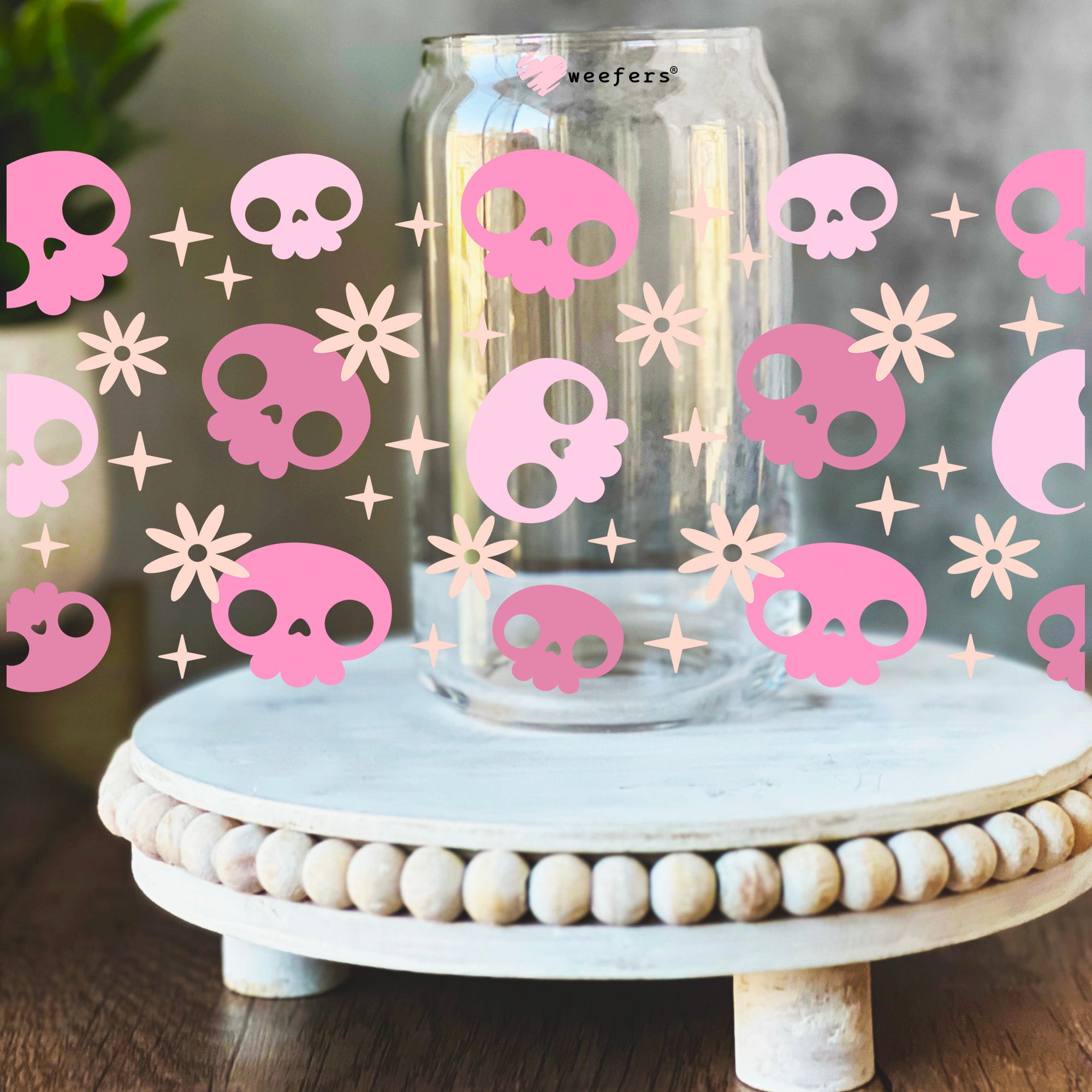 Pink Skulls 16oz Libbey Glass Can UV DTF or Sublimation Wrap Decal Tra ...