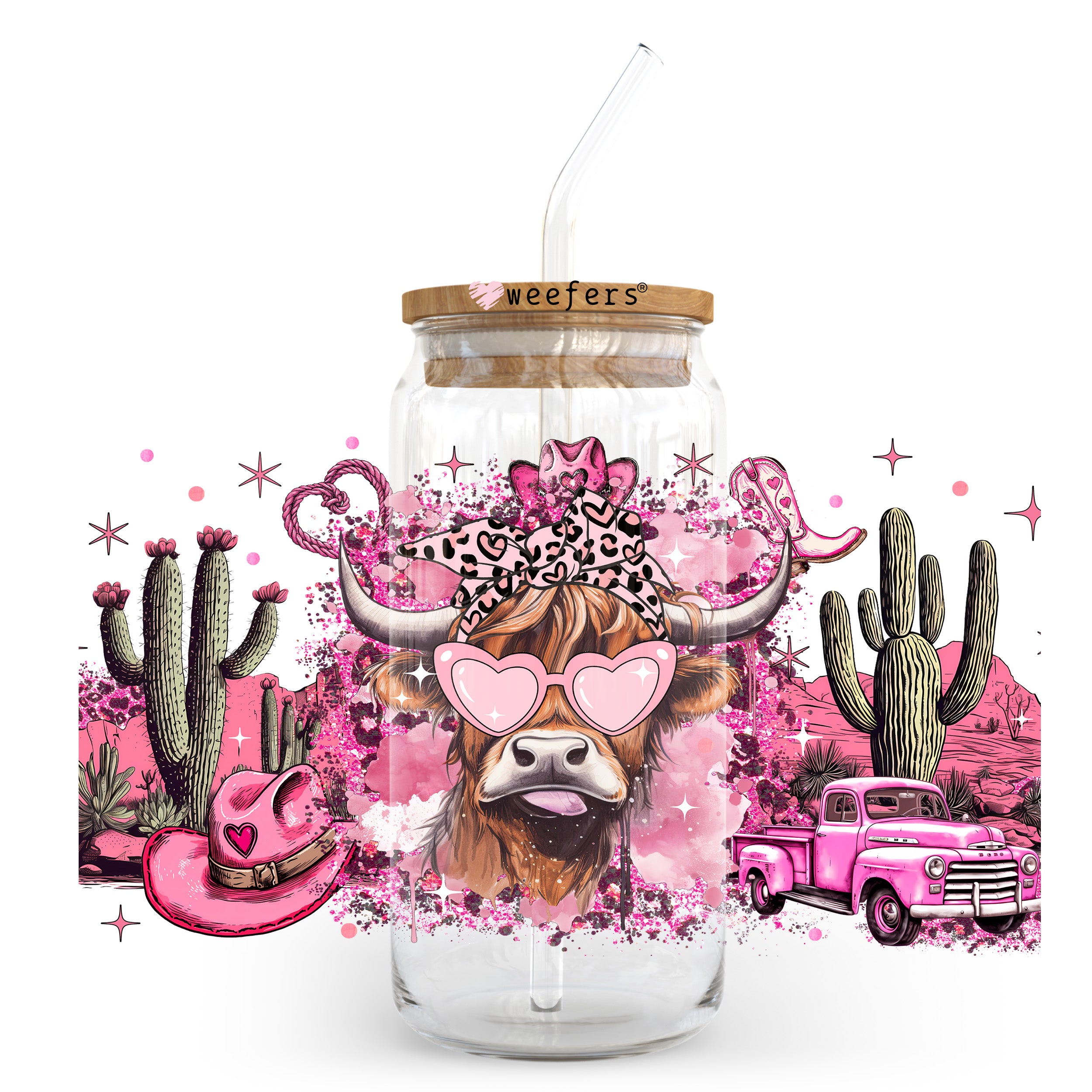 Country Pink Bougee Highland Cow 20oz Libbey Glass Can UV DTF or Subli ...